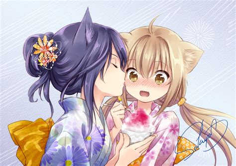 2girls Amano Sakuya Animal Ears Blue Hair Blush Brown Eyes Brown Hair