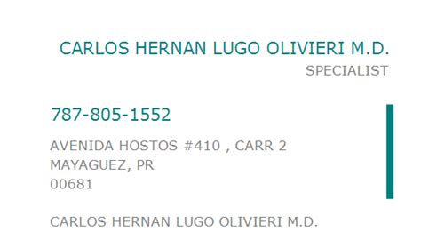 1336219849 Npi Number Carlos Hernan Lugo Olivieri Md Mayaguez Pr
