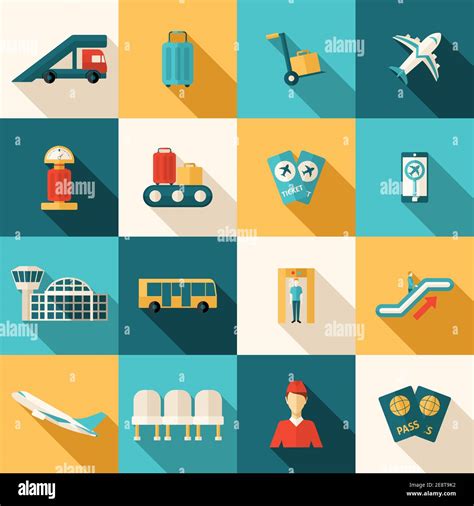 Airport Icons Flat Long Shadow Set With Arrival And Departure Symbols