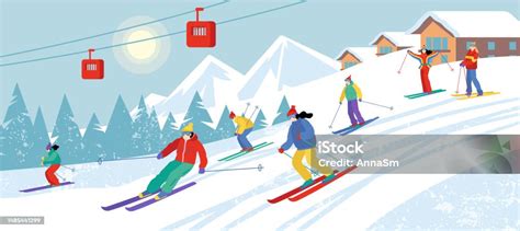 내리막길에서 스키를 타는 만화 사람들의 그룹 산에서 스키어 화창한 겨울 풍경 플랫 벡터 그림입니다 귀여운 캐릭터 공중 케이블 카에 대한 스톡 벡터 아트 및 기타 이미지