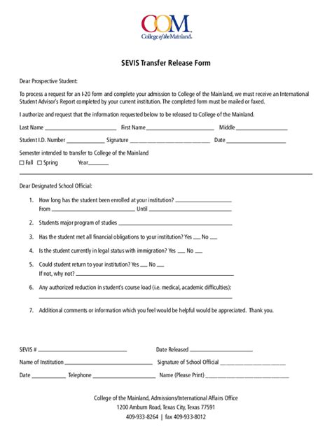 Fillable Online Sevis Transfer Release Form College Of The Mainland