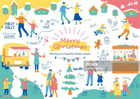 크리스마스 아이콘과 크리스마스 시장을 즐기는 사람들의 그림 설정 갈란드 장식품에 대한 스톡 벡터 아트 및 기타 이미지 갈란드 장식품 겨울 고층 건물 Istock
