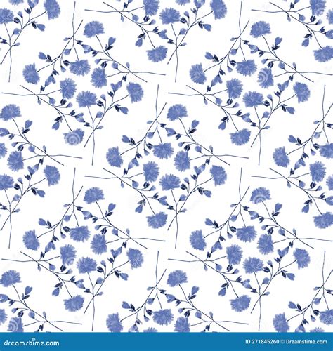 Seamless Pattern Wild Small Blue Flowers And Branchs On A White