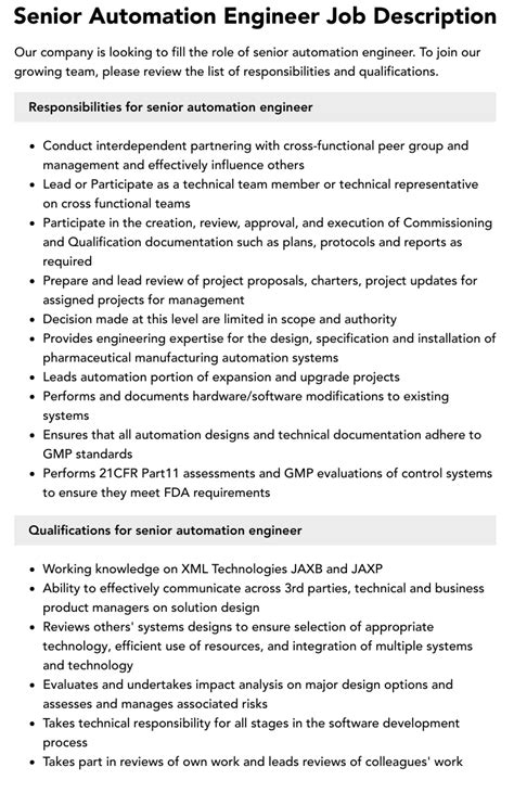 Senior Automation Engineer Job Description Velvet Jobs