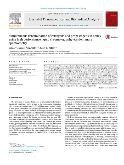 Pdf Simultaneous Determination Of Estrogens And Progestogens In Honey Using High Performance