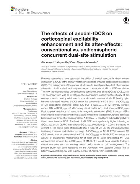 Pdf The Effects Of Anodal Tdcs On Corticospinal Excitability Enhancement And Its After Effects