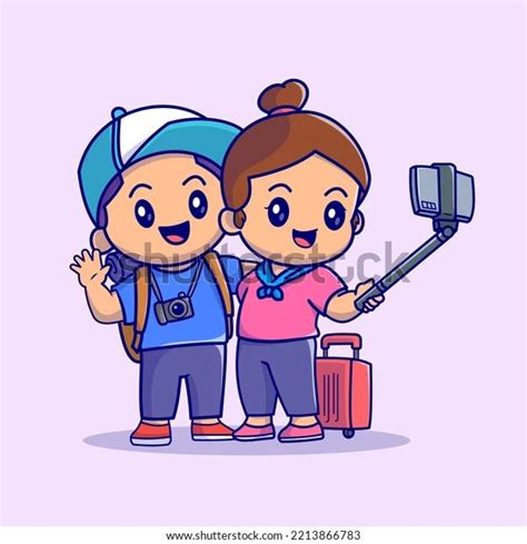 Vektor Stok Cute Man Woman Taking Selfie Phone Tanpa Royalti