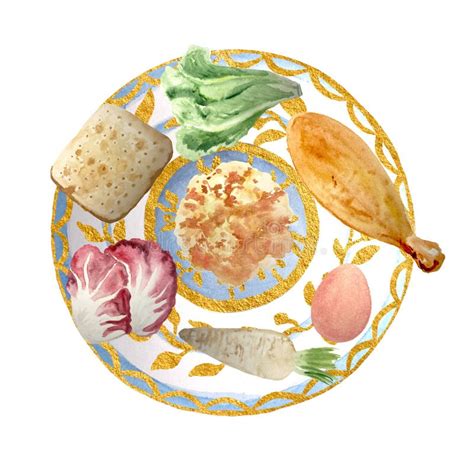 Watercolor Passover Seder Plate Illustration Isolated On White Stock