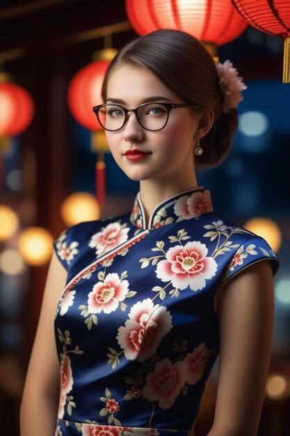 Premium Photo A Beautiful Girl In A Cheongsam And Glasses On A Night
