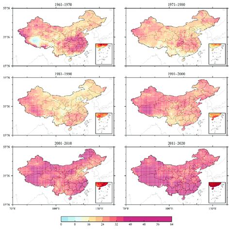 Distribution Diagram Of The Decadal Average Duration Days Of Heat Waves Download Scientific