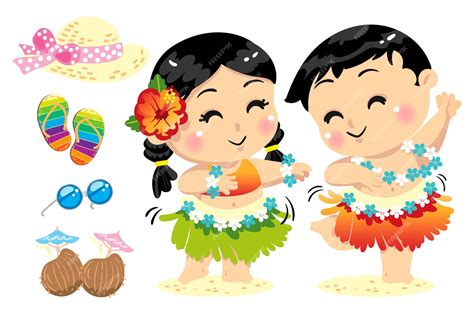 Aloha Island Menino E Menina Dançando Vetor Premium