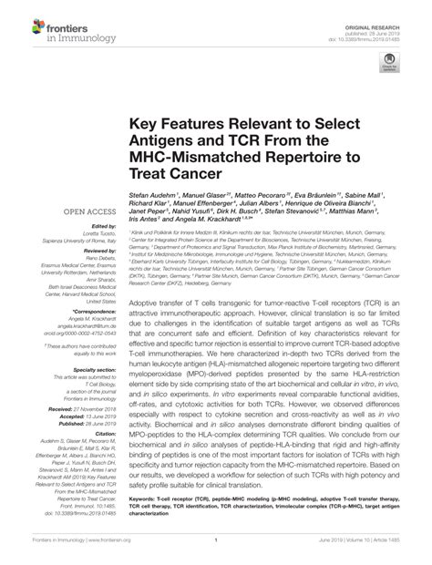 Pdf Key Features Relevant To Select Antigens And Tcr From The Mhc Mismatched Repertoire To