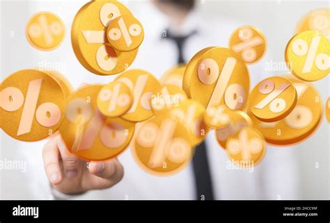 Closeup Of The Hand Pointing At The Floating Percentage Signs Stock