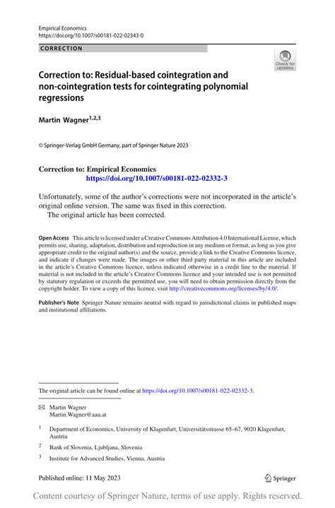 Pdf Correction To Residual Based Cointegration And Non Cointegration Tests For Cointegrating