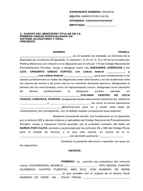 Formato Querella Con Motivo De Transito De Vehiculos Descargar Gratis