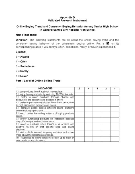 Sample Survey Questionnaire Appendix D Validated Research