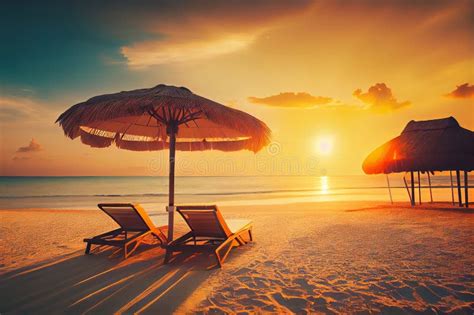 Beautiful Sunset On The Tropical Beach And Sea With Umbrella And Chair