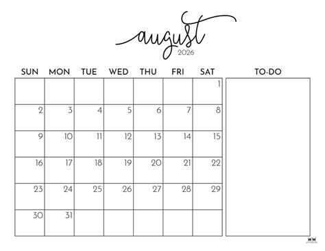 August 2026 Calendar Printable