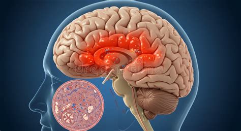 3d Medical Illustration Of Encephalitis Inflamed Brain Regions And Microscopic Tissue View