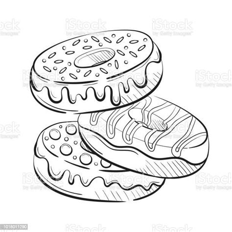 뿌리 러 멜 크림 및 사탕 유약 도넛 달콤한 아름 다운 디저트입니다 레스토랑이 나 카페 메뉴에 대 한 클립 아트입니다 라인 아트입니다 스케치 스타일 도넛에 대한 스톡 벡터