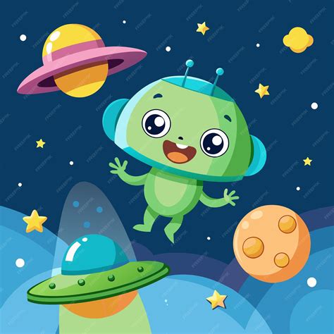 Ufo와 함께 날아다니는 귀여운 외계인 만화 터 아이콘 일러스트 과학 기술 아이콘 개념 고립된 프리미엄 터 평면 만화 스타일 프리미엄 Ai 생성 벡터