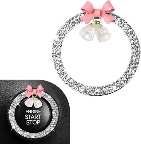 White Crystal Bell Car Start Button Cover Decals Tutuviw Push To Start Button Sticker Pink Bow