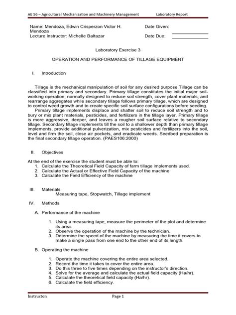 Abe30 Laboratory Exercise 3 Pdf Agricultural Machinery Tillage