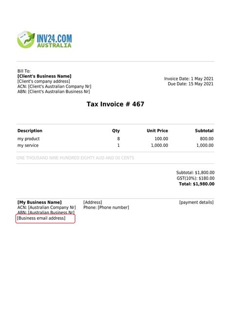 Business Email Address On The Invoice In Australia
