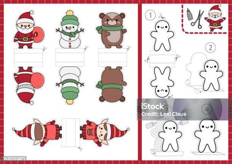 벡터 크리스마스 종이 인형 세트 산타 클로스 눈사람 엘프 아이들을위한 스카프에 곰이있는 귀여운 손가락 인형이나 칩 겨울 휴가는 공예 카드를 잘라냅니다 지침과 함께 간단한
