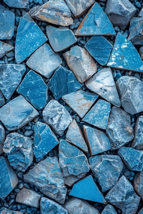 A Pile Of Blue Rocks Arranged In An Array Of Triangles Next To Each