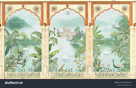 Mughal Garden Arch Peacock Plant Botanical Stock Illustration
