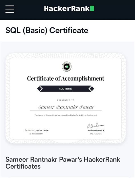 Sameer Pawar On Linkedin Sql Dataskills Continuouslearning Sqlcertification Hackerrank