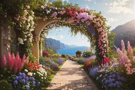 Sendero Bajo Un Hermoso Arco De Flores Y Plantas Foto Premium