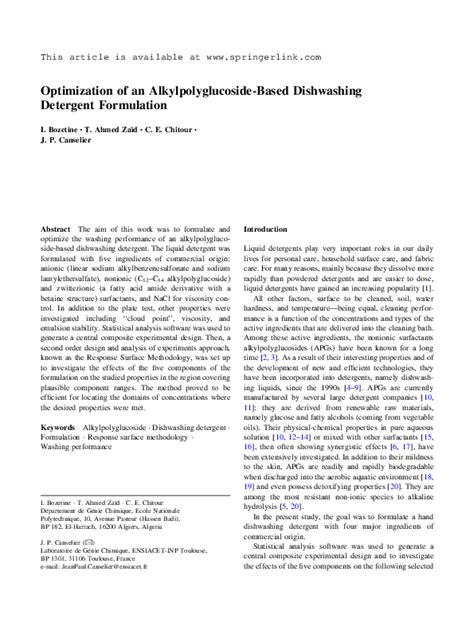 pdf optimization of an alkylpolyglucoside based dishwashing detergent
