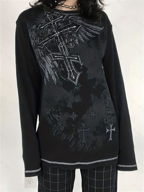 Plus Size Goth T Shirt Womens Plus Cross Print Long Sleeve Round Neck