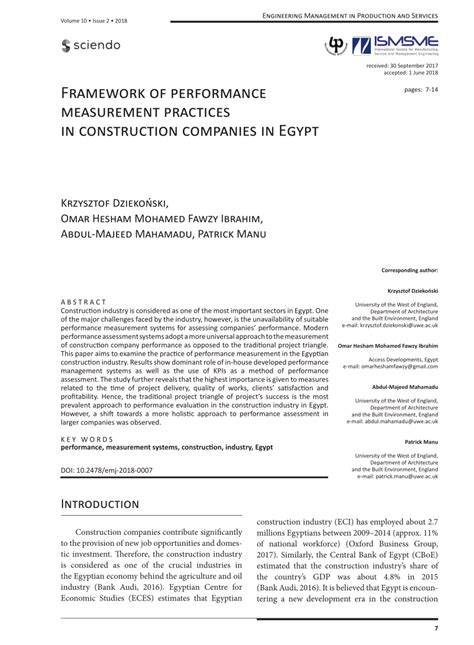 Pdf Framework Of Performance Measurement Practices In Construction Companies In Egypt