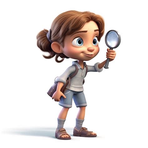 Premium Photo Cartoon Girl Holding A Magnifying Glass And Looking At