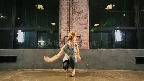 Blonde Girl Dances In Modern Style Near Large Stock Video Video Of
