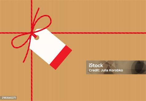 평평한 손으로 그린 공예 배경 목화 빨간 밧줄 제빵사 꼬기 활 리본 빈 크래프트 종이 태그로 묶인 선물 선물 새해 크리스마스를 위한 과자 상자를 위한 패킹 끈 벡터