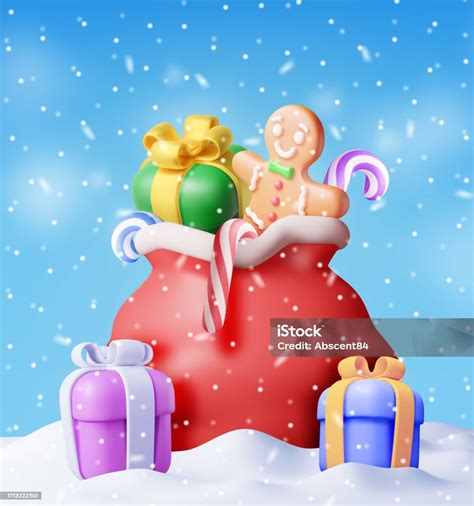 3d 오픈 산타클로스 자루 눈 속의 선물로 가득 차 있다 만화에 대한 스톡 벡터 아트 및 기타 이미지 만화 진저브레드 비스킷 12월 Istock