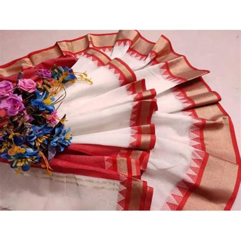 White And Red Exclusive Design Tangail Tat Half Silk Saree For Women
