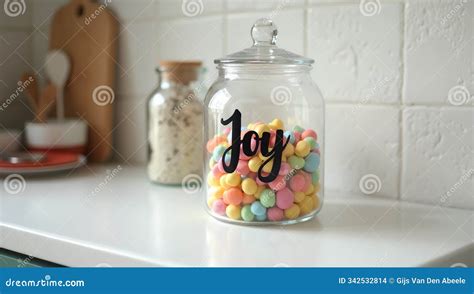 Colorful Candies In A Joy Labeled Glass Jar On White Counter Stock