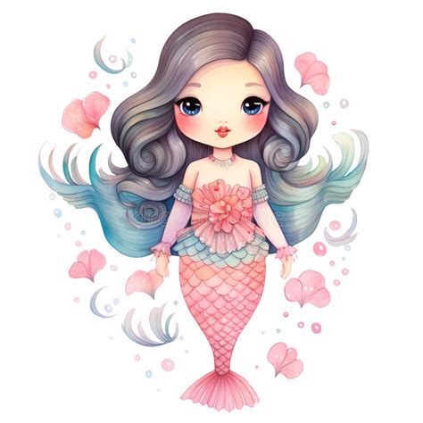 Cute Mermaid Princess Watercolor Clipart Illustration Ai Generative