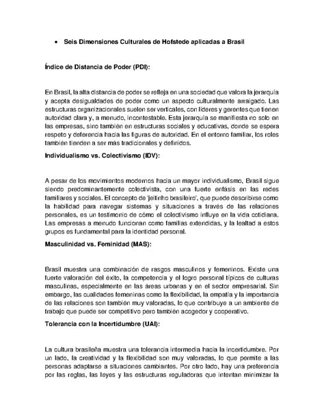 Seis Dimensiones Culturales De Hofstede Aplicadas A Brasil Las