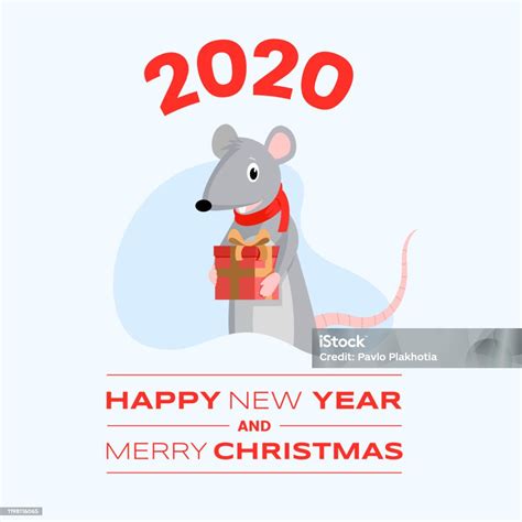 귀여운 쥐 인사말 카드 만화 템플릿입니다 2020 년 새해 복 설날과 메리 크리스마스 소원 빨간 비문과 사랑스러운 마우스 들고