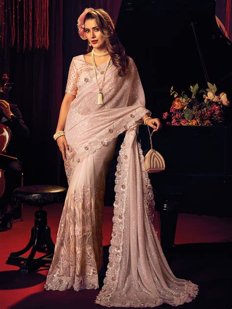 Peach Digital Net With Sequence And Heavy Work Designer Saree Rushini