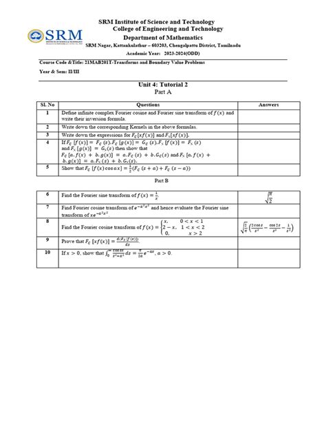 unit4 t2 tbvp srm tutorial pdf fourier transform geometry