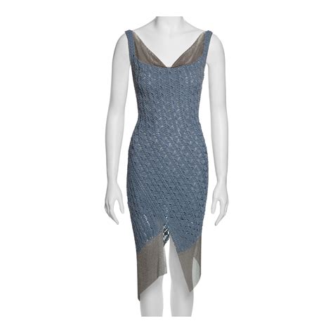 Christian Dior By John Galliano Blue Denim Knit And Lace Evening Dress