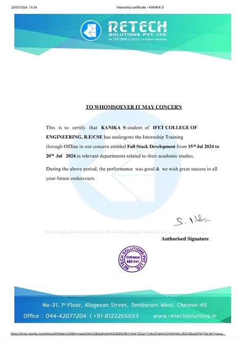 Retech Retech Fullstack Chennai Internship Kanika Sri S