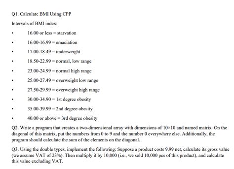Solved Q1 Calculate BMI Using CPP Intervals Of BMI Index Chegg Com